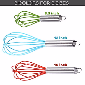 Silicone Whisk Set of 3 - Stainless Steel & Silicone Non-Stick Coating – Colored Balloon Egg Beater for Blending, Whisking, Beating, Frothing & Stirring (12-inch, 10-inch & 8.5-inch)