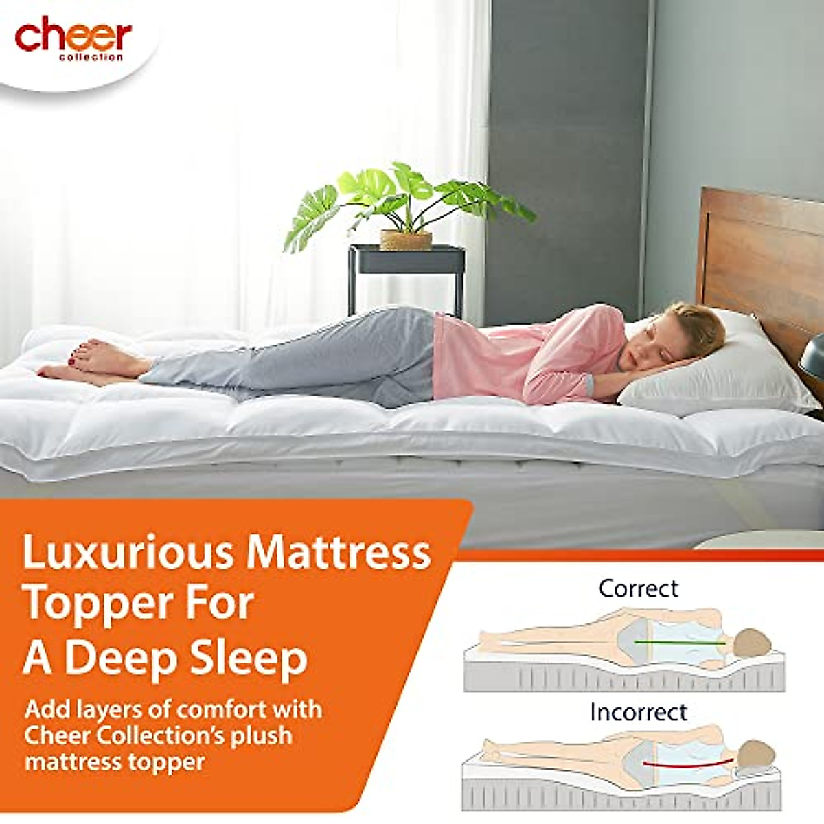 Cheer Collection Thick Mattress Topper - Ultra Luxurious Bed Topper with Stable Anchor Bands – Queen Size 60" x 80"