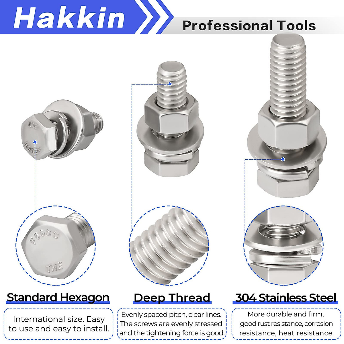 Hakkin 240Pcs Hex Bolts and Nuts Kit Stainless Steel Spring Washers Assortment Kit, 3/8" 1/4" 5/16", 10 SAE Sizes Machine Screws Set with Storage Case