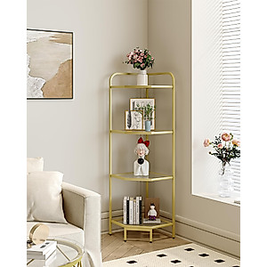 Hzuaneri Corner Shelf Stand, Glass Bookshelf Bookcase, Bathroom Organizer, Plant Stand, Steel Frame, Tempered Glass, Modern Style for Living Room, Bathroom, Kitchen, 4-Tier Golden CS90400G
