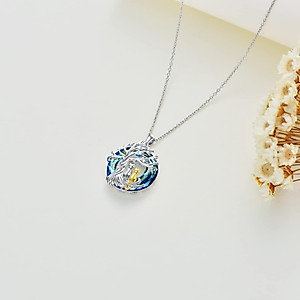 TOUPOP Two Cats Necklace 925 Sterling Silver Tree of Life Necklace with Blue Circle Crystal Cat Lovers Jewelry Gifts for Women Mom Daughter Birthday Christmas