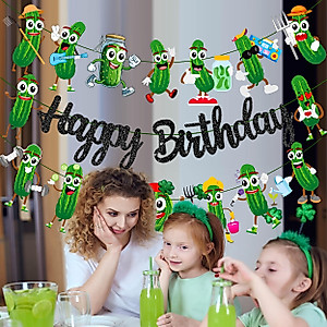 Funny Pickle Birthday Party Decorations Black Happy Birthday Banner Green Pickle Cucumber Theme Garland Cute Cucumber Birthday Banner Decorations for Kind of a Big Dill Party Baby Shower Supplies
