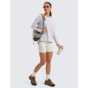 CRZ YOGA Pima Cotton Long Sleeve Workout Shirts for Women Loose Fit Athletic Yoga T-Shirts Casual Boat Neck Fall Tops Iced Iris Large