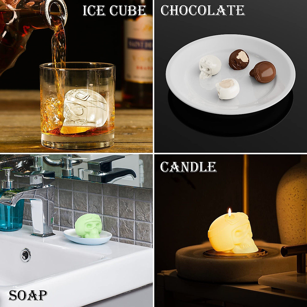 Readaeer Silicone Skull Molds, 3D Skull Ice Cube Mold, Large Skull Mold for Resin, Ice, Chocolate, Candle, Soap Making Black