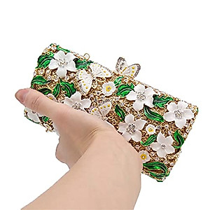 Tngan Women Flowers and Butterfly Evening Clutch Glitter Rhinestones Evening Bag Wedding Party Handbags, Gold Rose Red