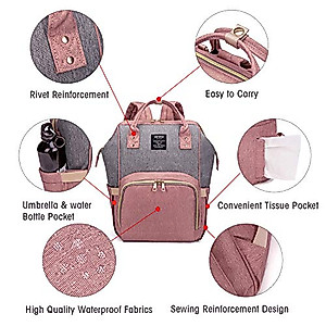 QIMIAOBABY Diaper Bag Backpack,Waterproof Multifunctional Large Travel Nappy Changing Bags… (Pink with gray)