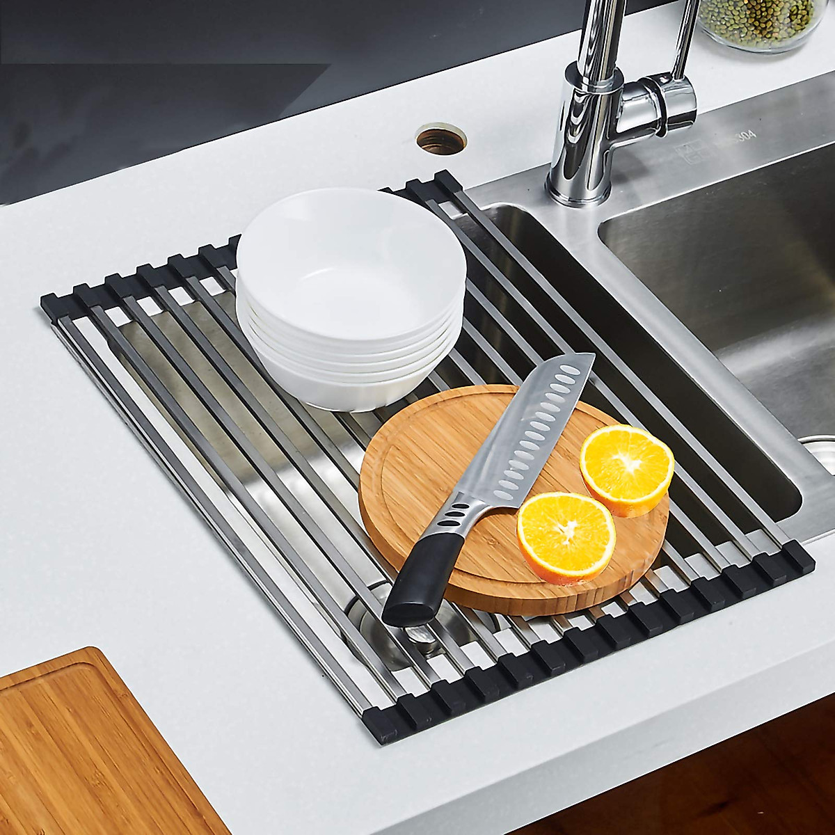 AAKitchen Over the Sink Roll-Up Dish Drying Rack SUS304 Cubic Stainless Still Dish Rack Foldable Multi-Use Kitchen Sink Dish Drainers, Drying/Draining/Trivet (17.8‘’Wx13‘’L)