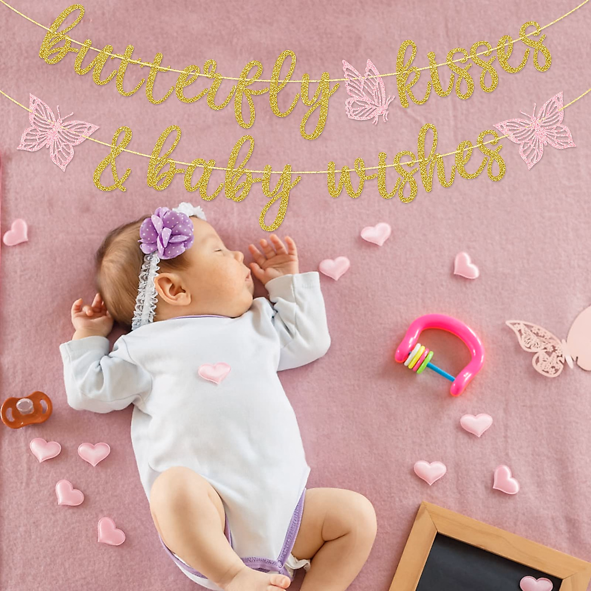 Butterfly Kisses and Baby Wishes Banner, Butterfly Themed Baby Shower Decorations for Girl, Pre-assembled, Gold Glitter
