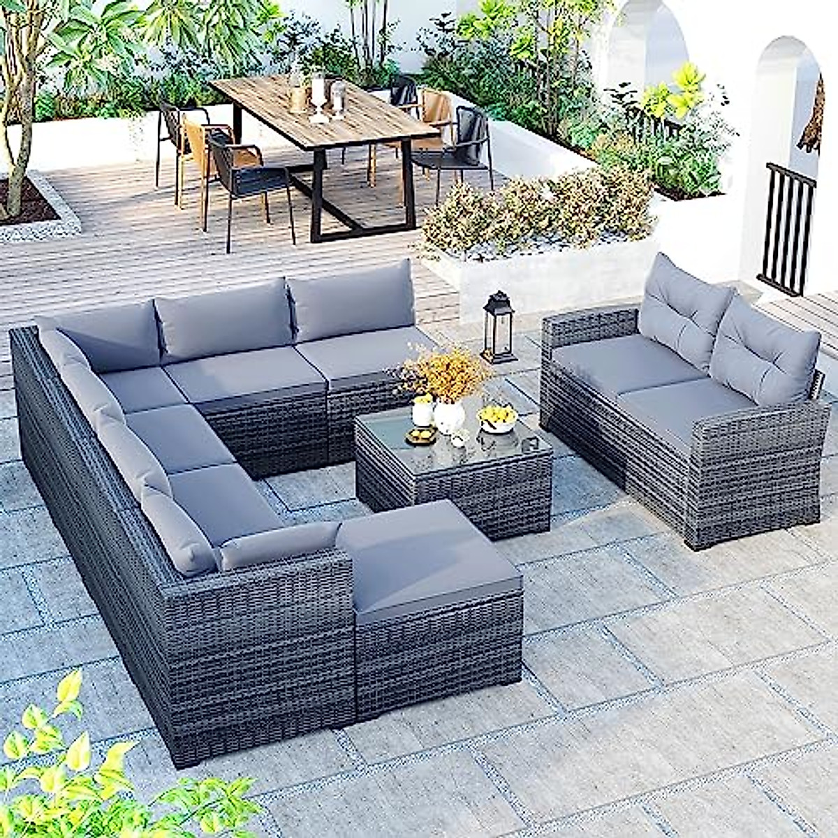 KASUE Outdoor PE Wicker Sofa 9-Piece Set - Perfect for Outdoor Spaces, Gardens, and Poolside, Gray Wicker, Gray Cushion