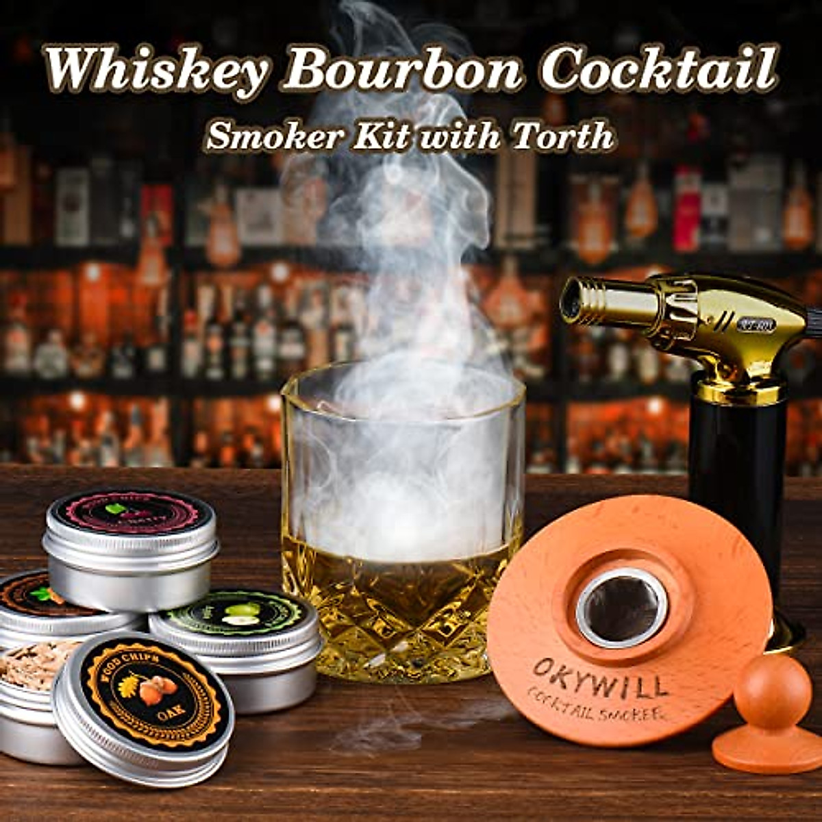 Cocktail Smoker Kit with Torch, OKYWILL Bourbon Whiskey Smoker Infuser Kit with 4 Flavors Wood Chips, Old Fashioned Drink Smoker Kit, Whiskey Bourbon Gifts for Men, Dad, Husband (No Butane)