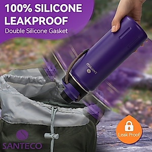 SANTECO Insulated Water Bottles 24 oz, Stainless Steel Thermos with Lanyard & Wide Mouth Spout Lid, Leak Proof, Double Wall Vacuum Water Bottle, Keep Drinks Hot & Cold for Hiking Camping - Purple