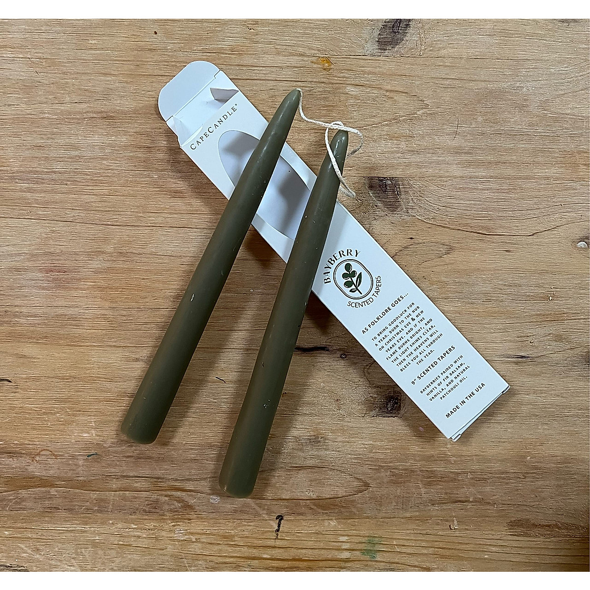Cape Candle - Scented Bayberry Taper Candles 9” Pair, Bayberry Legend On Box