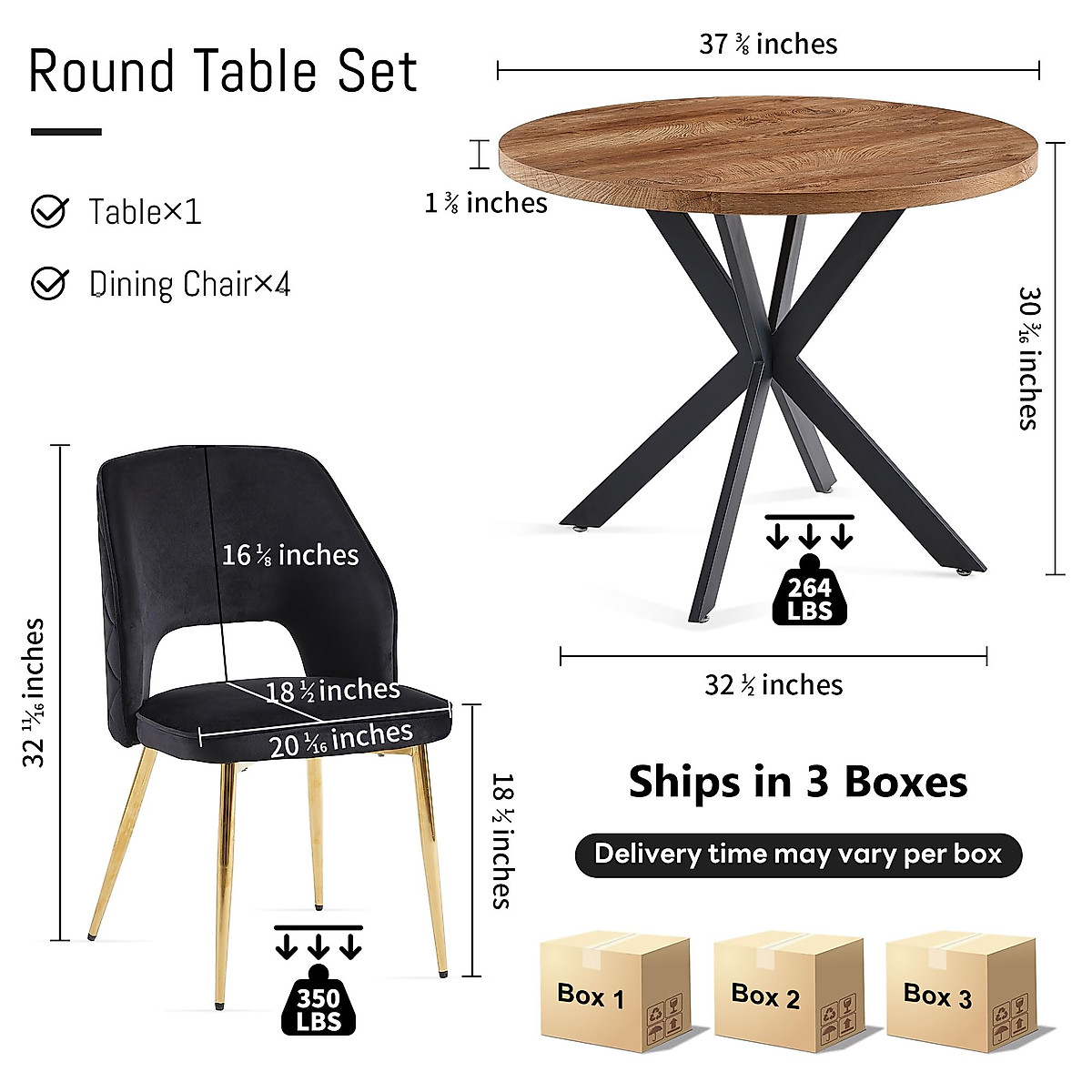 NORDICANA 5-Piece Dining Table Set for 4 - Space Saving 37-Inch Round Table and Chairs, 4 Seaters Dining Set with Upholstered Dining Chairs (Black)