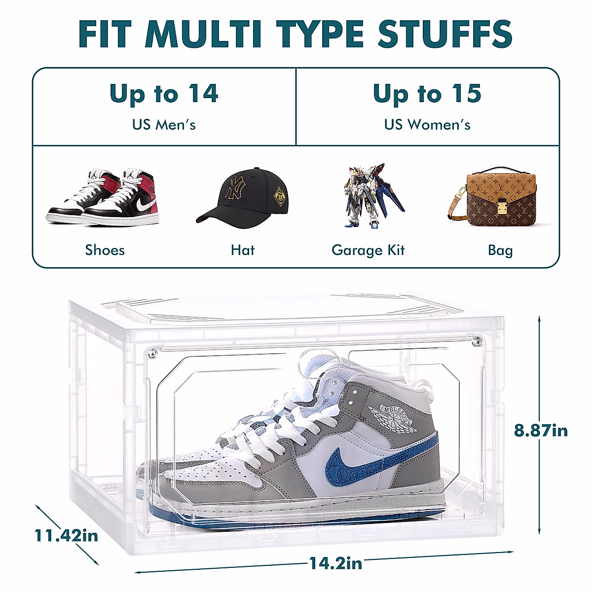 ELUCHANG Clear Shoe Storage Boxes, Large Plastic Stackable Shoe Organizer for Closet, Portable Foldable Shoe Box for Sneaker,Enterway, Under the Bed, Bathroom,Cabinet, Men, Women, Fit Up to US 14