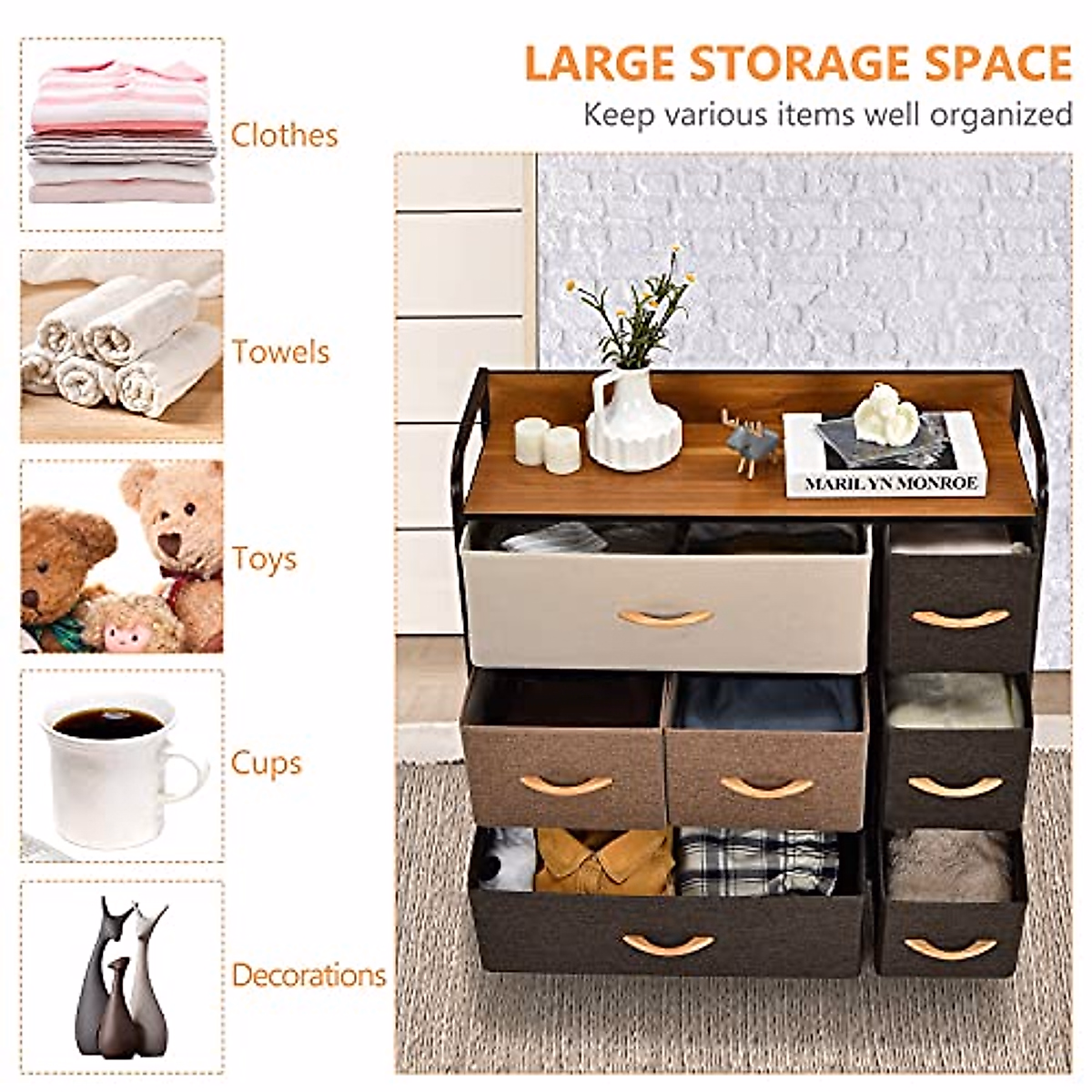 Giantex 7 Drawer Dresser Storage Tower with Fold-able Fabric Drawers, Steel Frame & Wooden Top Vertical Organizer Unit for Closets, Nursery, Bedroom Utility Dresser Chest (31.5 x 11.5 x 31 inch)