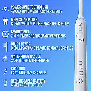 Acteh Sonic Electric Toothbrush, JetWave Rechargeable, Toothbrush w/ 5 Brushing Modes, 2min. auto-Timer, 30sec. Quad-Reminder and Long-Lasting, Extended Charge Battery (White)