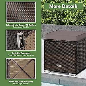 HAPPYGRILL 2 Piece Patio Ottoman Set Outdoor Wicker Stool with Storage, Rattan Footrest Ottoman with Solid Metal Frame and Cushion for Backyard Poolside Garden Balcony
