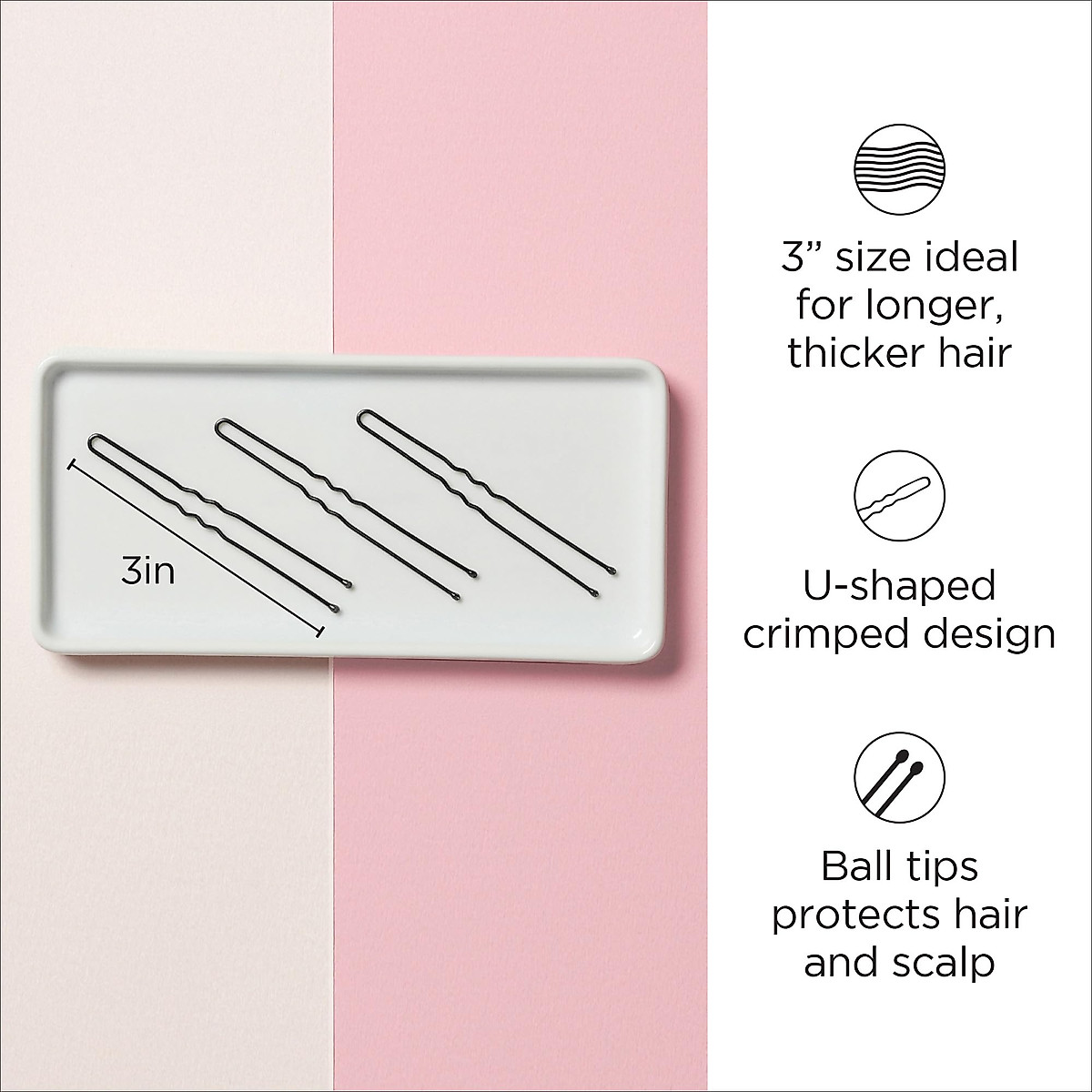 Diane 3” Hair Pins for Women, Girls, Hairdressing, Salon, U Shaped Hair Pins with Ball Tips for Securing Updos, Buns, Braids, and Everyday Styles, Black (32 Count)