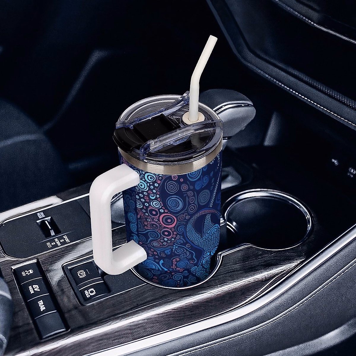 LLUTSNTH 40 Oz Vacuum Tumbler with White Handle Leakproof Insulated Tumbler Blue Octopus Stainless Steel Travel Mug with Lid And Straw Coffee Cup Cute Water Bottles Cup Holder Friendly