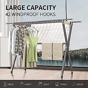 HWAJAN 90 Inches Folding Clothes Drying Rack Indoor Outdoor-Aluminum Collapsible Clothing Drying Racks for Laundry-Heavy Duty Foldable Clothes Dryer Rack with 42 Windproof Hooks,Large,Grey