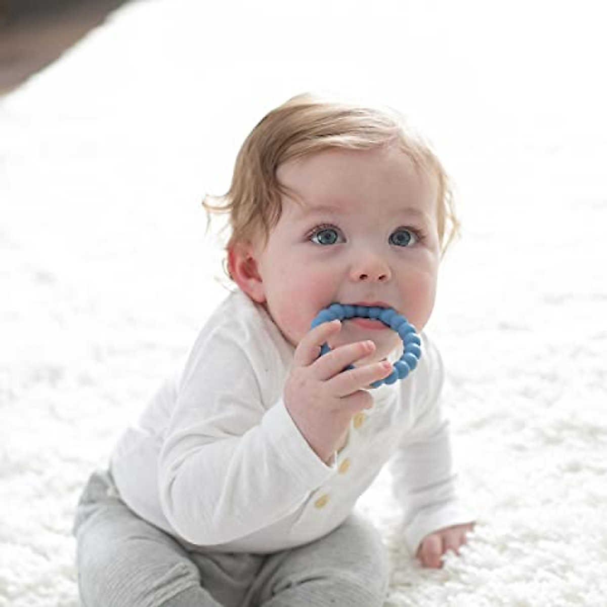 Dr. Brown’s Flexees Beaded Teether Rings, 100% Silicone, Soft & Easy to Hold, Encourages Self-Soothe, 3 Pack, Blue, Light Blue, Black, BPA Free, 3m+