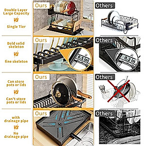 Dish Drying Rack,2 Tier Dish Racks for Kitchen Counter,Rustproof Stainless Steel Large Dish Rack with Drainboard Dish Drying Mat Dish Drainer Organizer with Utensil Holder Cup Pot (16.7*12.7*16 IN)
