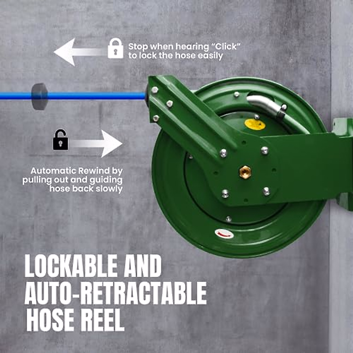 RMX BluSeal Auto Retractable Water Hose Reel with Hot & Cold Water Rubber Garden Hose, Spray Nozzle - Ultra Light, Super Strong with 6' Lead-in Hose (3/4” x 50’ Green)