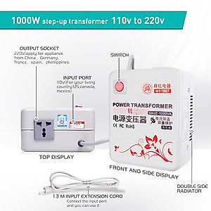 （1000W） Voltage Converter from 110V to 220V, high Performance Step-up Transformer to Support appliances Used in Europe, Asian appliances and Other Regions,CE/FCC Certification.