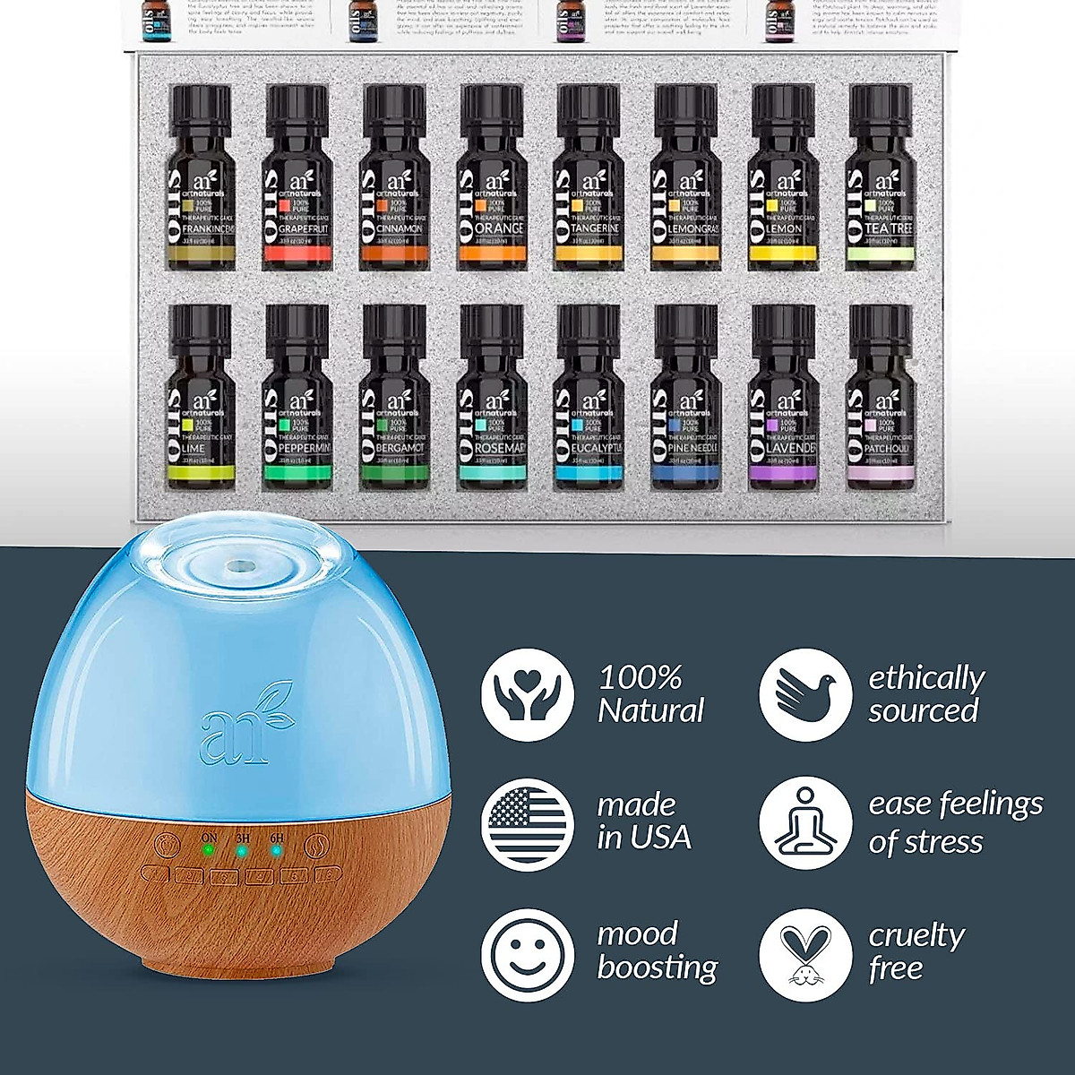 artnaturals Sound Machine Diffuser & Essential Oil Set - (300ml Tank & Top 16 Set) - 6 Calming Natural Sounds - Aromatherapy and White Noise for Relaxation and Sleeping - Baby, Kids, and Adults