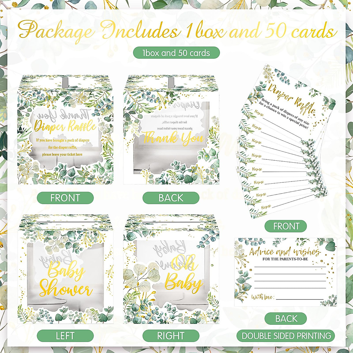 Pasimy 51 Pcs Greenery Diaper Raffle Tickets with Diaper Raffle Card Box Clear Greenery Diaper Raffle Cards Diaper Raffle Box Set Baby Shower Raffle Game Kit for Baby Shower Party Favor Decorations