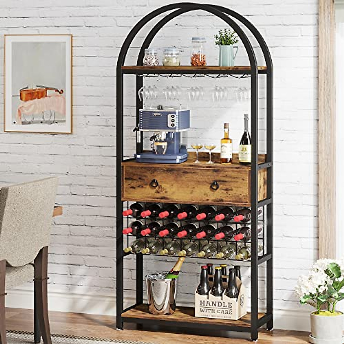 Tribesigns Wine Rack Cabinet Tall Freestanding Floor Liquor Cabinet with Glasses Holder and 1 Drawer, Industrial 21-Bottle Metal and Wood Wine Rack Table for Home Bar, Kitchen, Dining, Rustic Brown