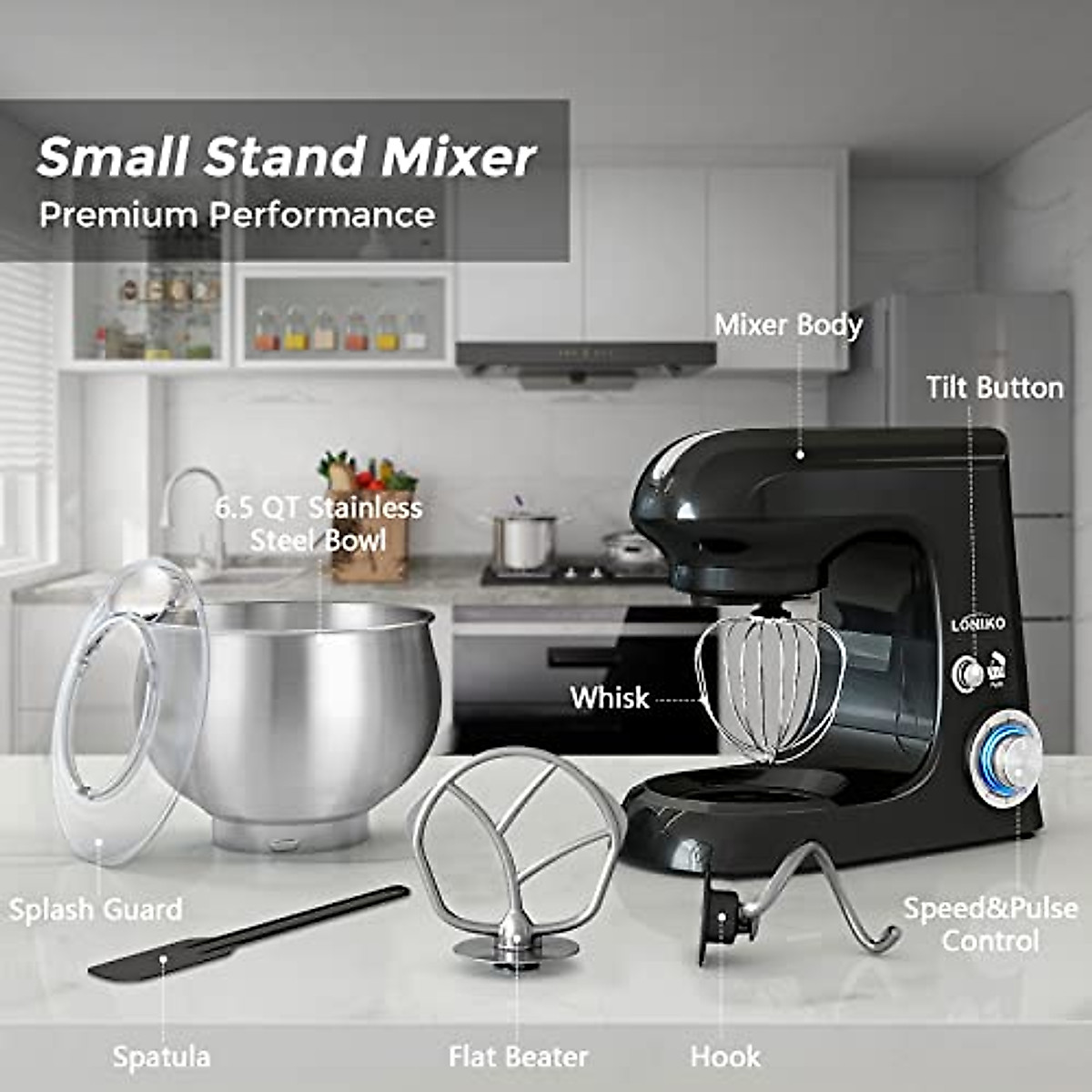 Loniko Stand Mixer, 6.5-QT 6-Speed Tilt-Head Food Mixers Kitchen Electric Stand Mixer, Household Stand Mixers with Dough Hook, Flat Beater & Whisk, Baking Mixer with Stainless Steel Bowl(Black)