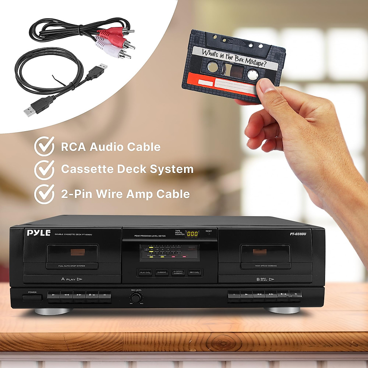 Pyle Dual Stereo Cassette Tape Deck - Clear Audio Double Player Recorder System w/ MP3 Music Converter, RCA for Recording, Dubbing, USB, Retro Design - For Standard / CrO2 Tapes, Home Use - PT659DU