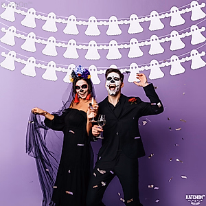 KatchOn, Long Halloween Ghost Garland - 10 Feet, No DIY Need | White Halloween Ghost Banner Garland for Halloween Party Decorations Indoor | Halloween Paper Ghost Garland for Ghost Halloween Decor