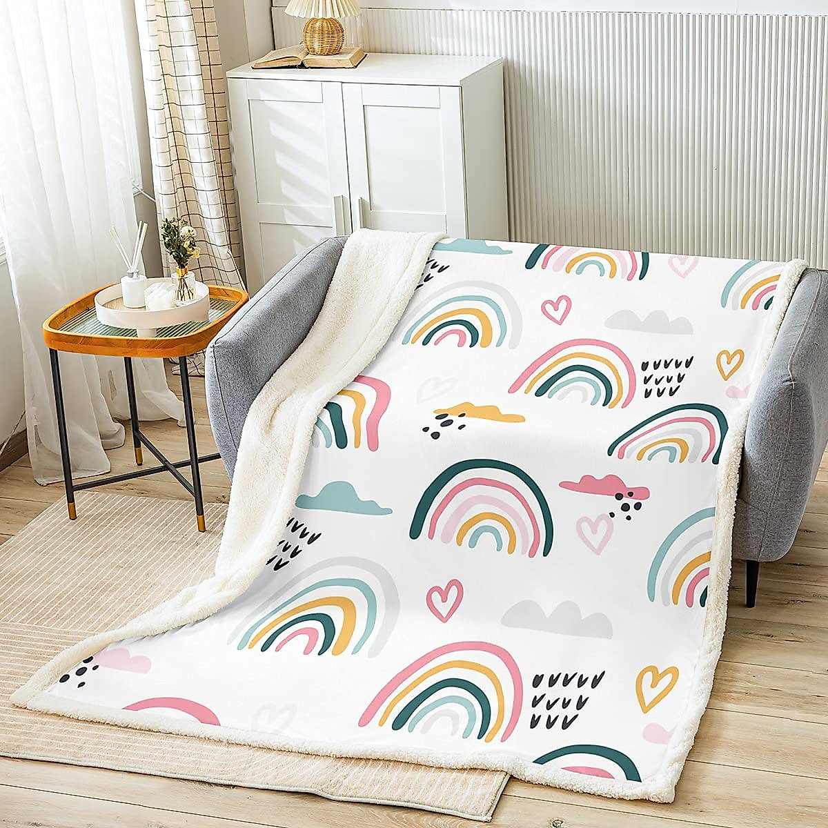 Erosebridal Rainbow Throw Blankets Cartoon Rainbow Sherpa Blanket Throw 50"X60" for Kids Girls Boys Nursery Iridescent Plush Blanket Colorful Clouds Love Heart Fleece Blanket for Bed Sofa Couch