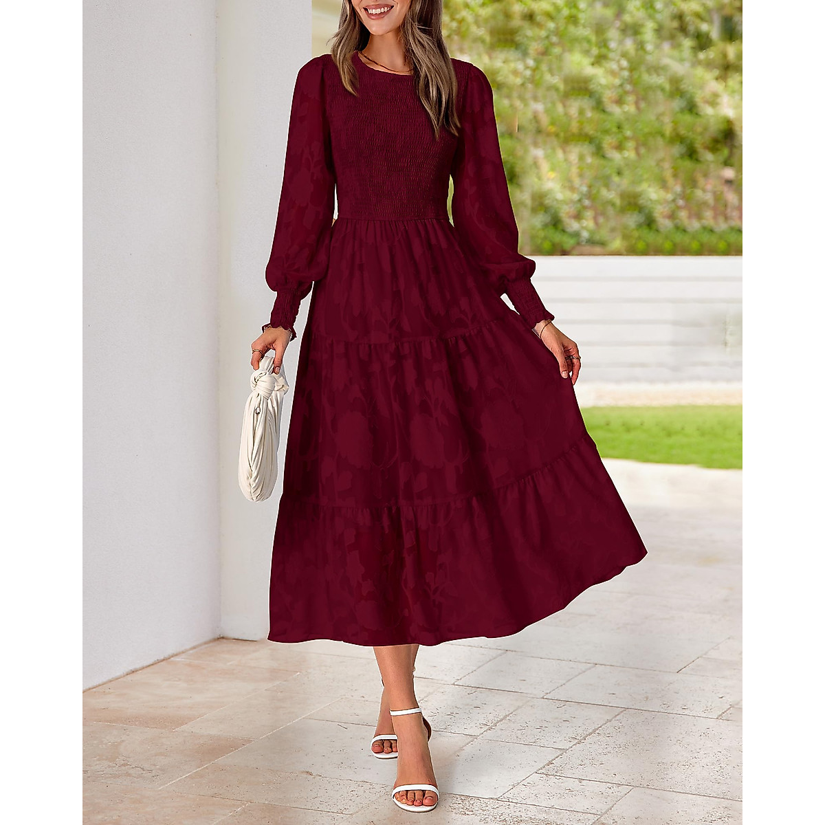 BTFBM Casual Women's 2025 Fall Dresses Elegant Wedding Guest Dress Long Sleeve Floral Midi Dress Flowy Bohemian Long Dress(Wine Red,Large)