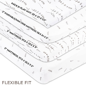 Pack and Play Sheets - 2 Pack Fitted with 100% Jersey Cotton - Pack N Play Mattress Sheets for Boys and Girls, Newborn Essentials (Neutral Forest Grey Floral and Leaves)