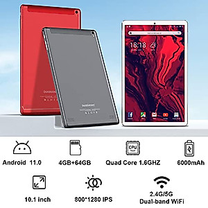 DUODUOGO Android 11 Tablet 2 in 1, 10 Inch Tablet, Tablet with Keyboard, 4GB RAM 64GB ROM, 1280x 800 HD IPS, Dual Camera, 6000mAh, Bluetooth, OTG, 2.4G+5G WiFi Tablet PC, DGO-T30