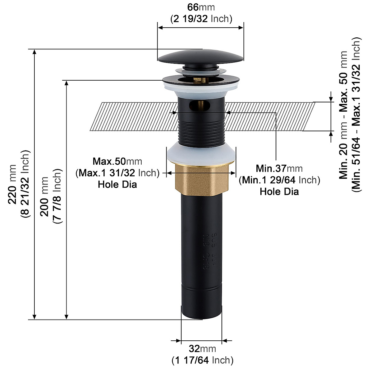 Homikit Bathroom Sink Drain, Pop Up Drain Stopper with Overflow, 18/10 Stainless Steel Drain Assembly with Detachable Anti-Clogging Strainer Basket for Vessel Lavatory Vanity Sink, Matte Black
