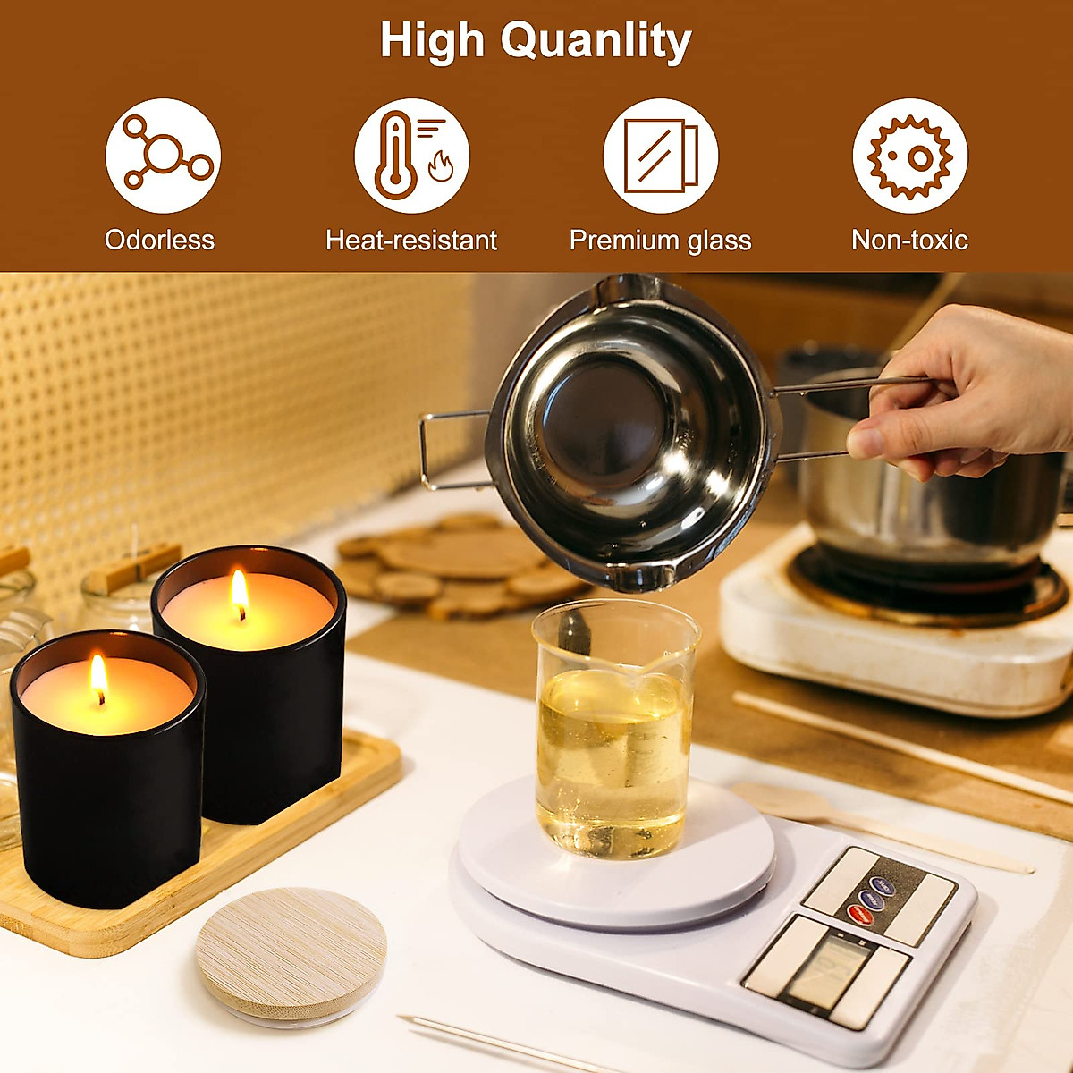 CONNOO 12 Pack 10 OZ Matte Black Glass Candle Jars for Making Candles with Airtight Bamboo Lids Nice Sticky Warning Labels for Candle Making Empty Container Bulk - Dishwasher Safe