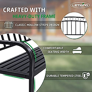 LETKIND 59" Outdoor Patio Bench w/Pullout Middle Table Garden Metal Benches Double Seat Porch Bench, Cast Tube Steel Frame Outside Black Bench for Backyard, Park, Deck, Lawn