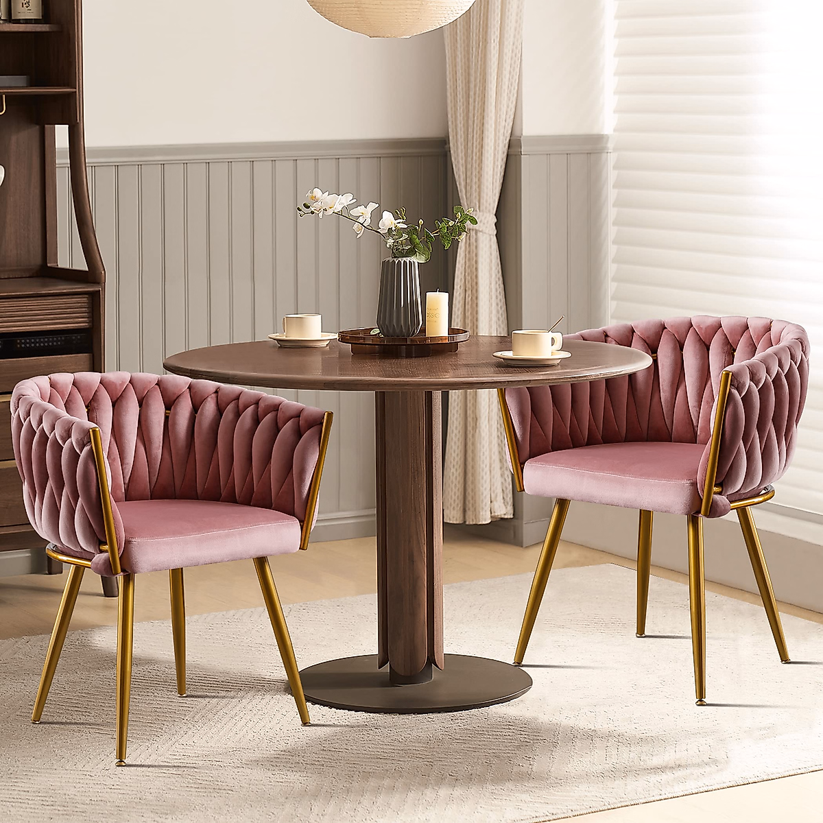 jonpony Woven Velvet Dining Chairs Set of 2, Kitchen Room Chair Living Room Chairs Upholstered Side Chair with Metal Legs Desk Chair for Dining Room Kitchen Vanity Patio, Pink
