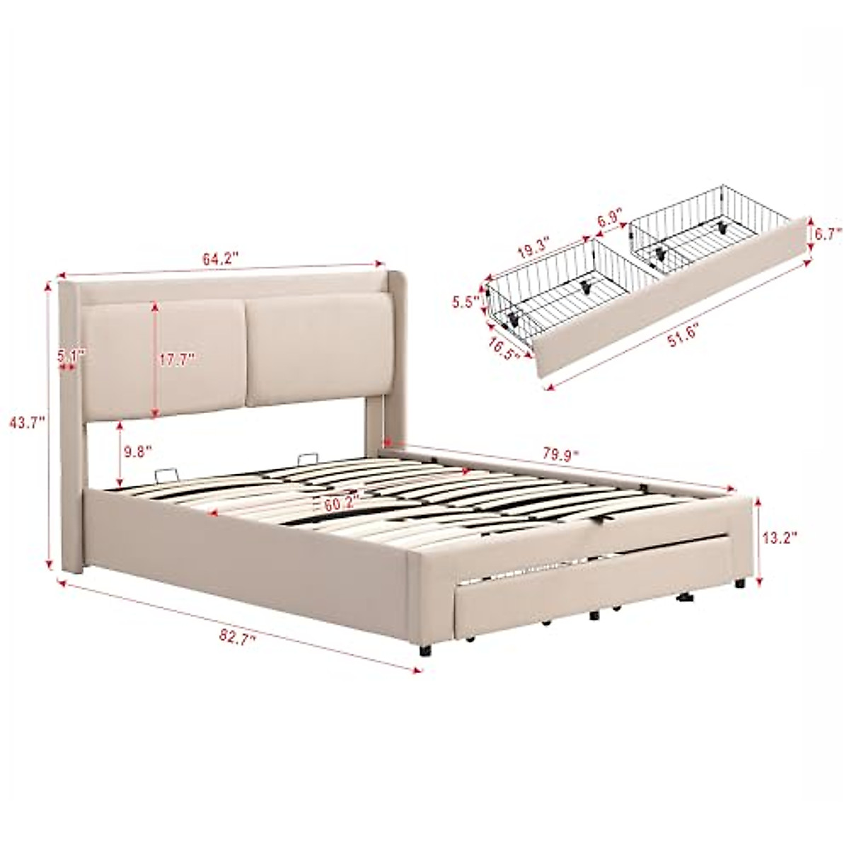 BOVZA Queen Size Lift Upholstered Platform 2 Drawers, Modern Wingback Headboard, Hydraulic Storage Bed Frame, Linen Beige