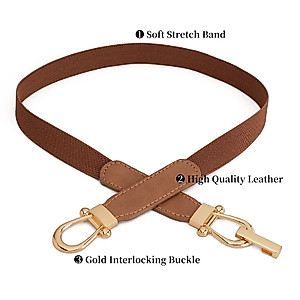 JASGOOD Women Skinny Elastic Belt for Dresses,Thin Retro Stretch Waist Belt with Golden Buckle 2 Pack,Black+Brown,Fit waist size 33-40 inch