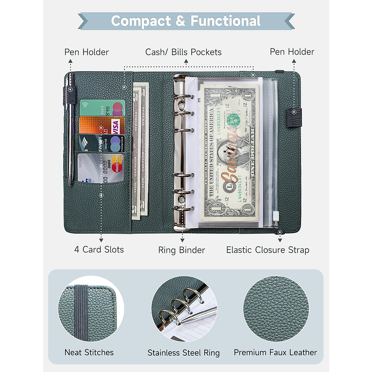 A6 Budget Binder with 10 Zipper Envelopes, PU Leather Money Binder Organizer for Cash Envelope Binder for Budgeting, Savings Binder with Budget Sheets & Stickers, Budget Organizer for Cash
