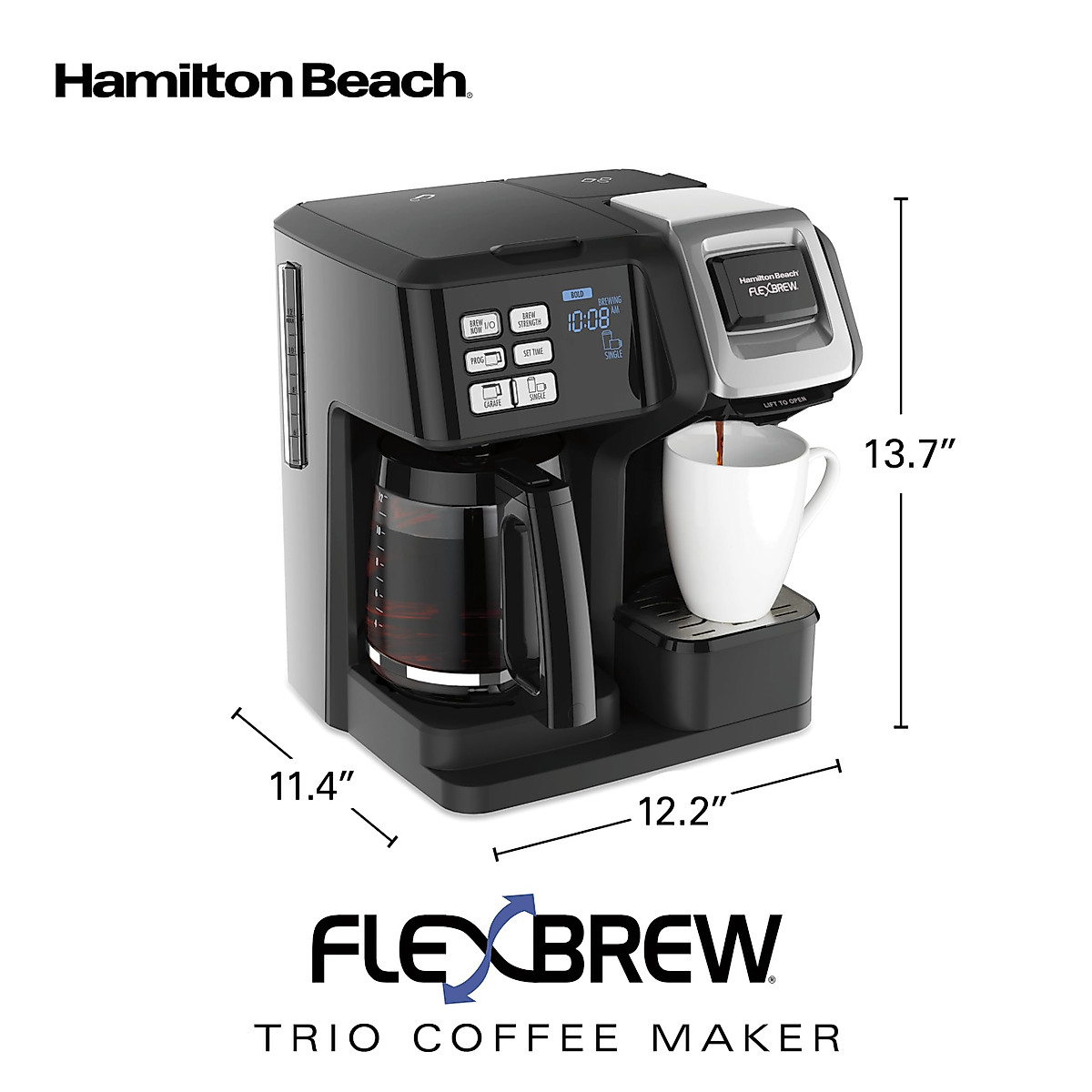Hamilton Beach 49976 FlexBrew Trio 2-Way Coffee Maker, Compatible with K-Cup Pods or Grounds, Combo, Single Serve & Full 12c Pot, Black