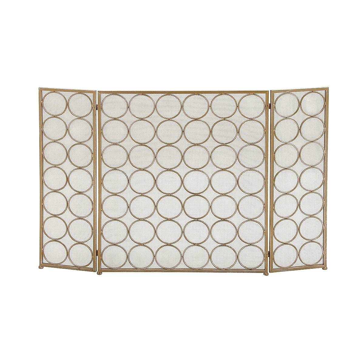 Deco 79 Metal Geometric Foldable Mesh Netting 3 Panel Fireplace Screen with Circle Pattern, 47" x 1" x 32", Brass