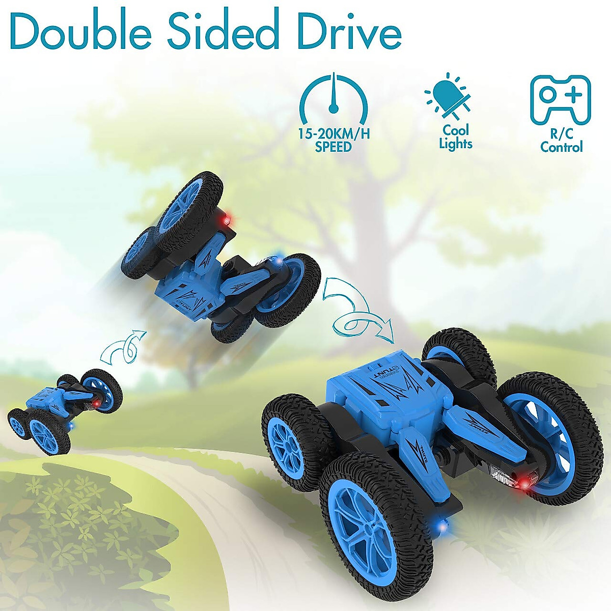 Batlofty Stunt Car Toy, 4WD 2.4Ghz Remote Control Car Double Sided Drive 360° Rotating & Tumbling RC Cars, High Speed, Cool Lights, Off-Road Racing Vehicle Gift Toy Cars for 8+ Girls and Boys, Blue