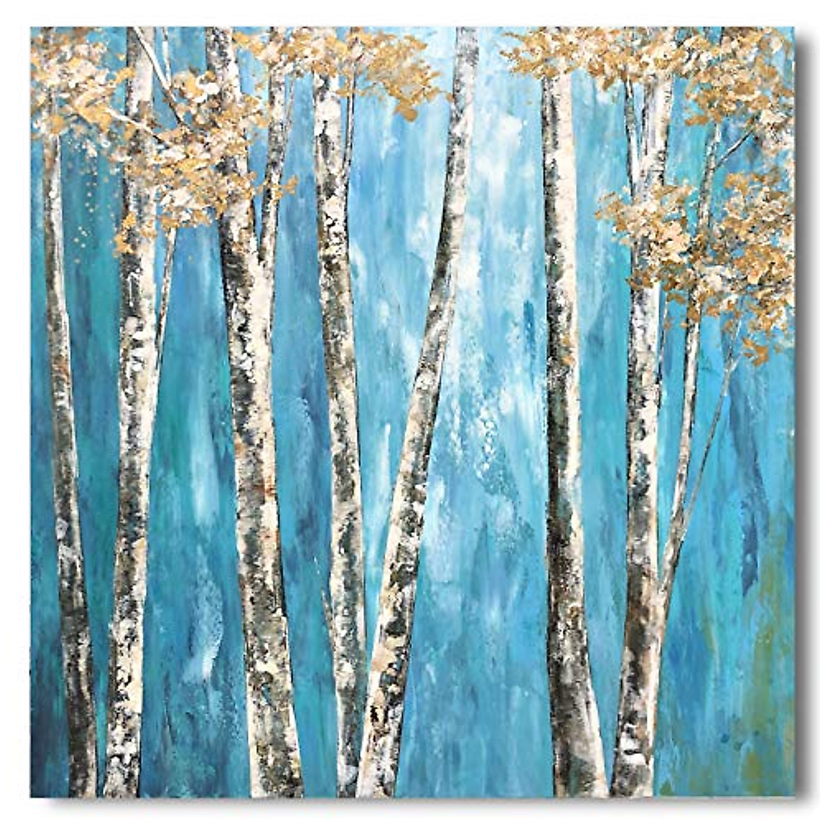 Yihui Arts Tree Canvas Wall Art for Home Decor 3D Hand Painted Blue Forest Pictures for Living Room Bedroom Stretched and Framed Ready to Hang(20Wx20L)