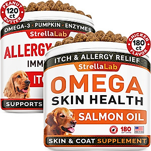 Allergy Relief + Omega 3 Dogs Bundle - Itchy Skin Treatment + Allergy & Itch Relief Skin&Coat Supplement - Omega3 & Pumpkin - Dog Itch Relief - 300 Chews - Peanut Butter + Chicken Flavor - Made in USA